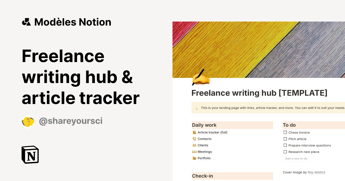 Modèle Freelance writing hub & article tracker | Marketplace Notion