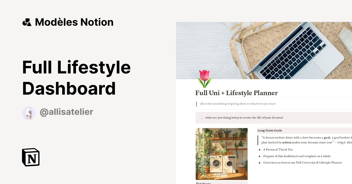 Full Lifestyle Dashboard | Modèle créé par alli ☀️ | Marketplace Notion