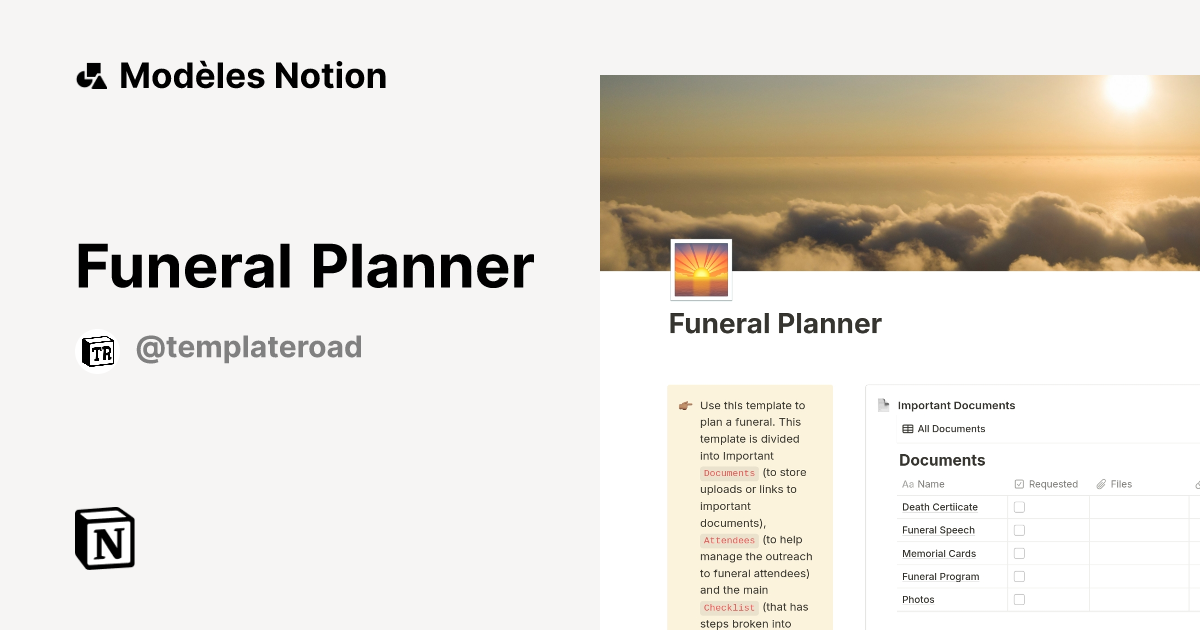Funeral Planner | Modèle créé par Template Road | Marketplace Notion