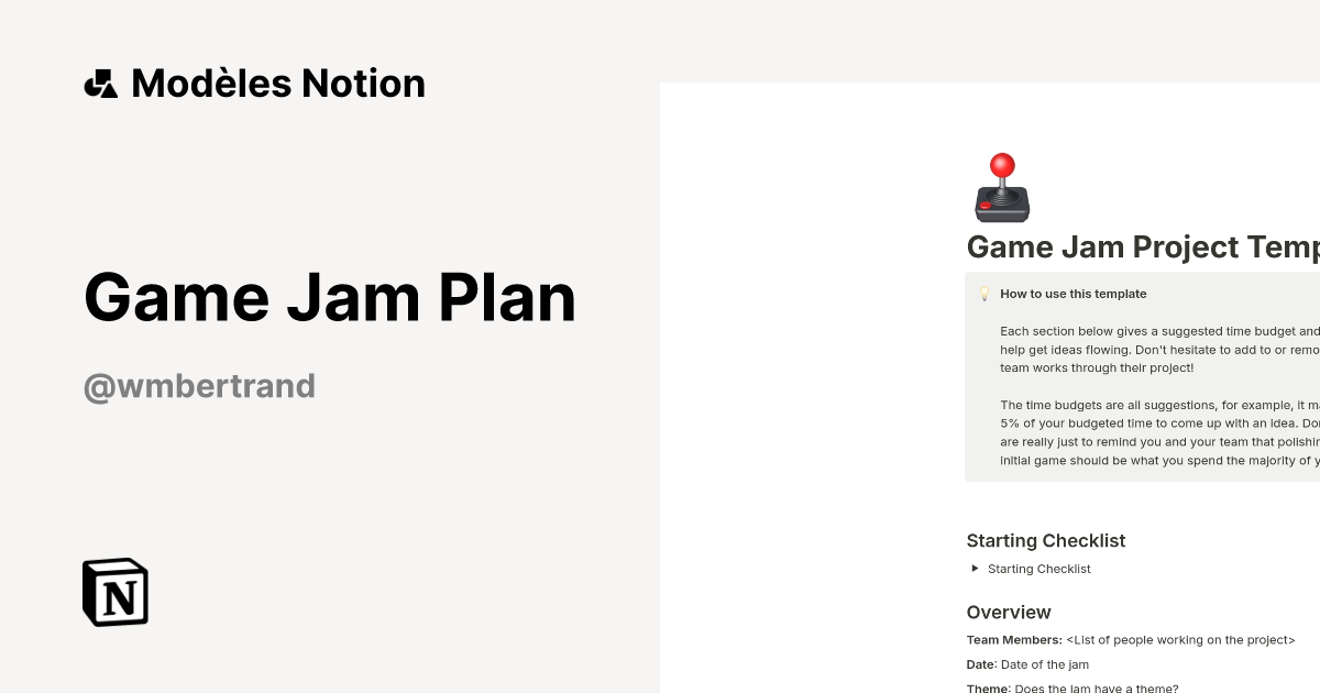 Game Jam Plan | Modèle créé par William | Marketplace Notion