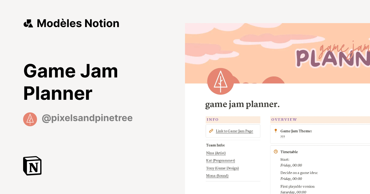Modèle Game Jam Planner | Marketplace Notion