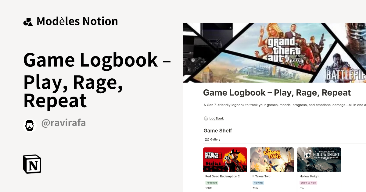Modèle Game Logbook – Play, Rage, Repeat | Marketplace Notion
