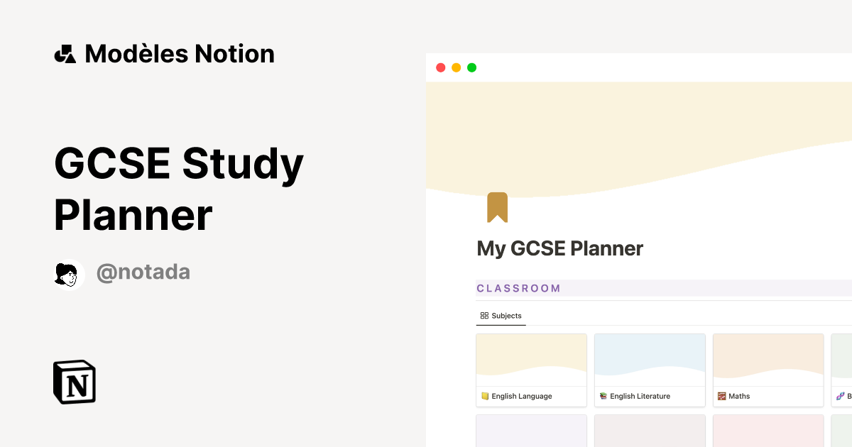 GCSE Study Planner | Modèle créé par Naomi | Notada | Marketplace Notion