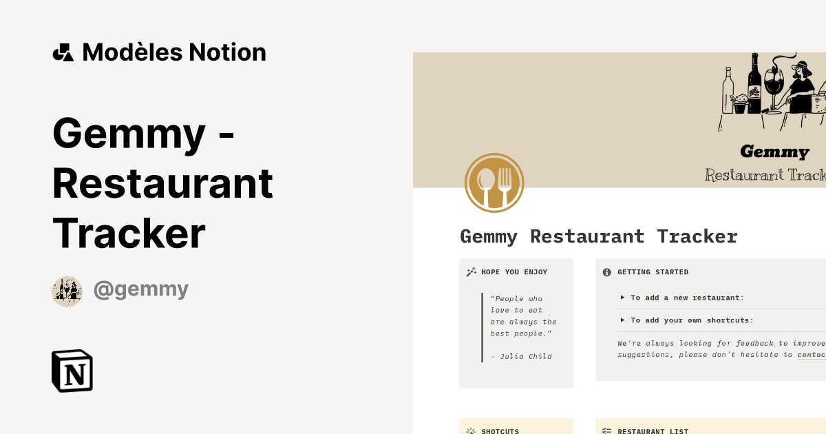 Modèle Gemmy - Restaurant Tracker | Marketplace Notion
