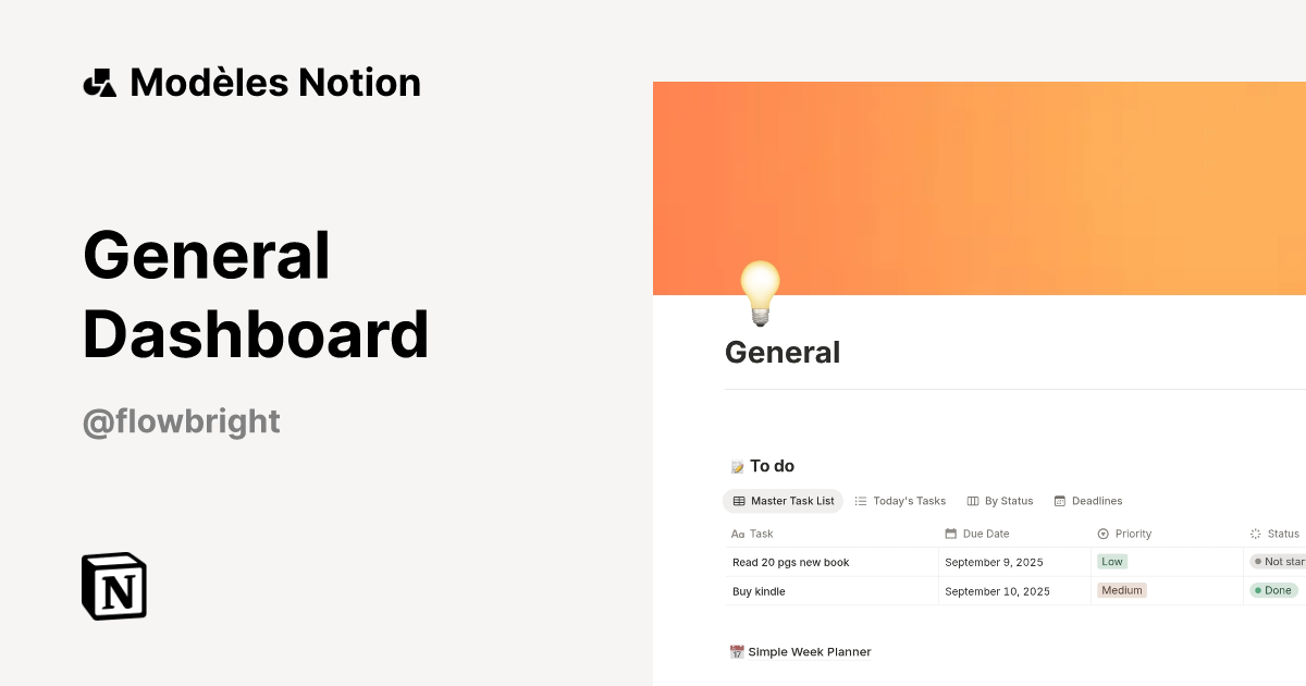 Modèle General Dashboard | Marketplace Notion