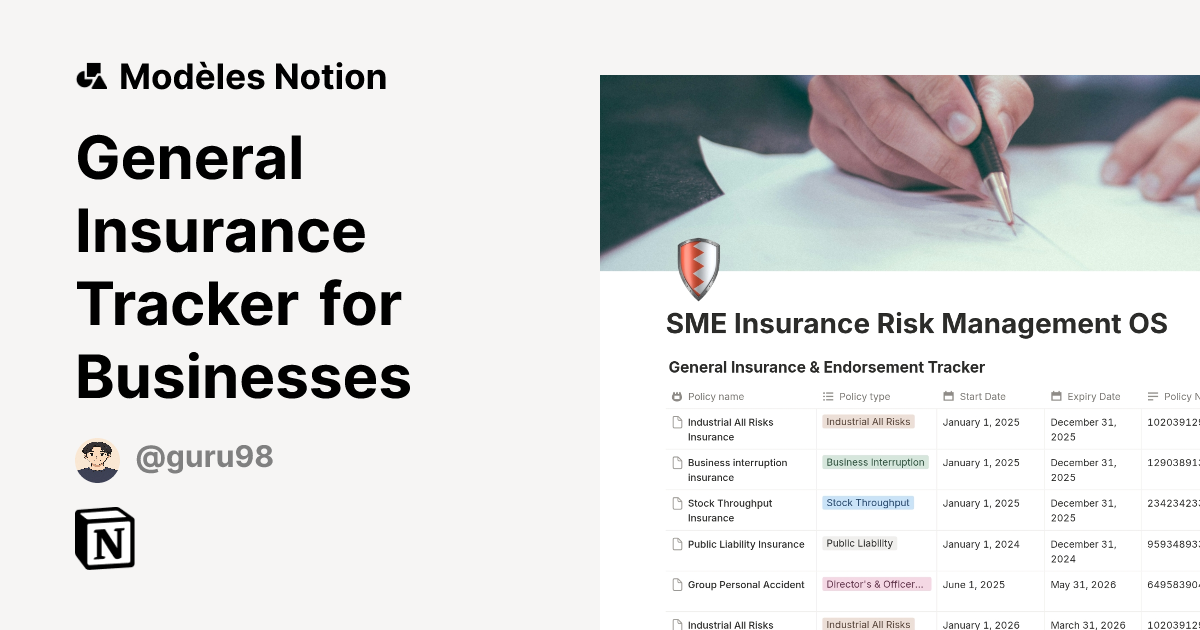 General Insurance Tracker for Businesses | Modèle créé par Guru ...