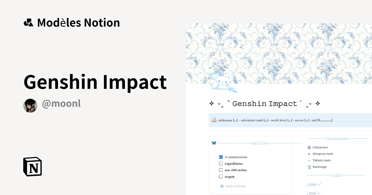 Genshin Impact | Modèle créé par MoonL | Marketplace Notion