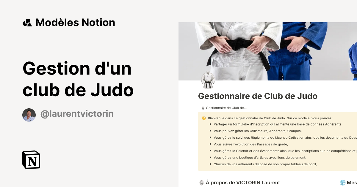 Gestion d'un club de Judo | Modèle créé par MonAppliClub | Marketplace Notion