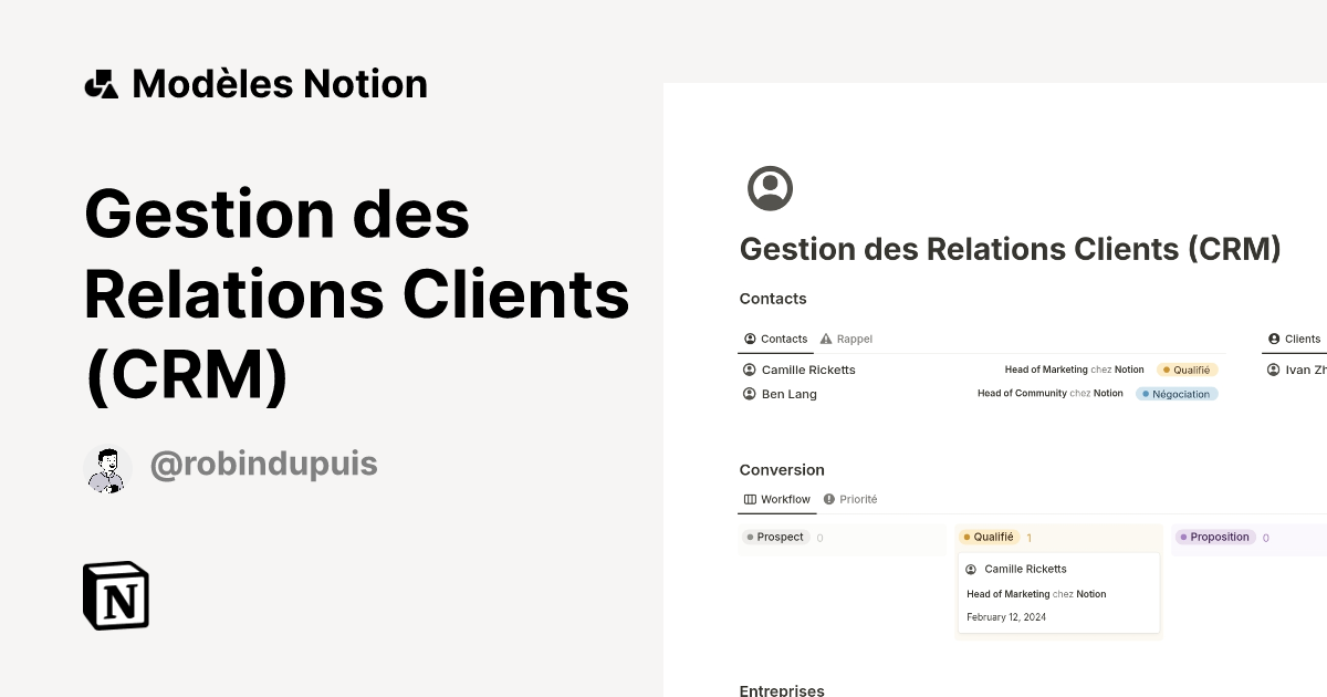 Modèle Gestion des Relations Clients (CRM) | Marketplace Notion