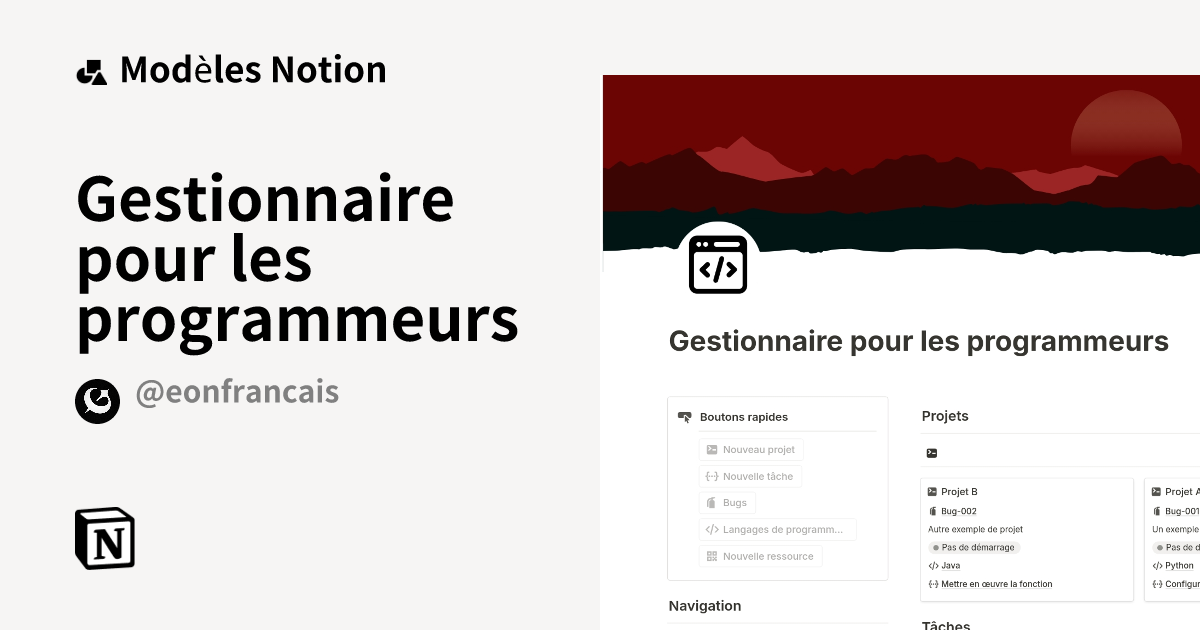 Gestionnaire pour les programmeurs | Modèle créé par Eon | Marketplace Notion