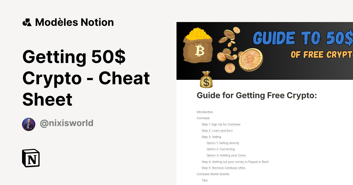 Getting 50$ Crypto - Cheat Sheet | Modèle créé par Nixi | Crypto ⚡ | Marketplace Notion