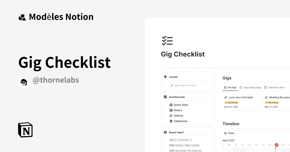 Modèle Gig Checklist | Marketplace Notion