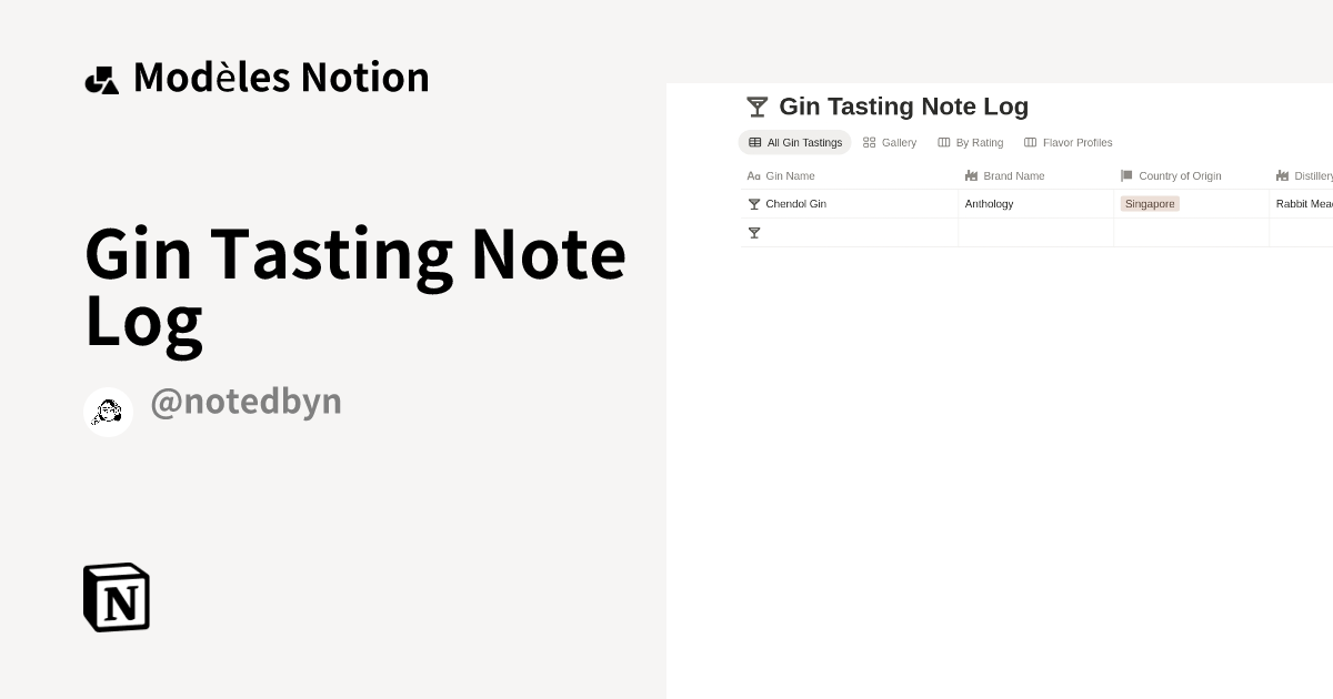 Gin Tasting Note Log | Modèle créé par Noted by N | Marketplace Notion