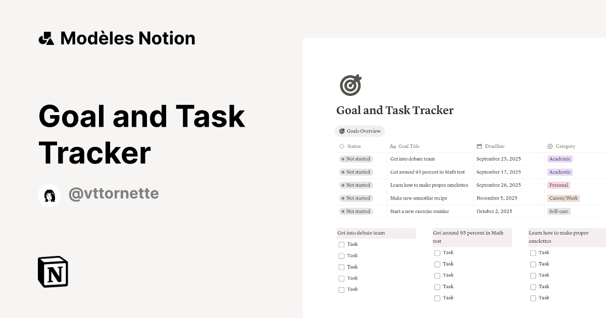 Goal and Task Tracker | Modèle créé par Vttornette | Marketplace Notion