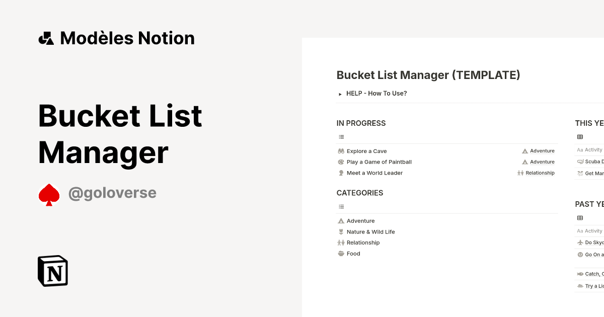 Modèle Bucket List Manager | Marketplace Notion