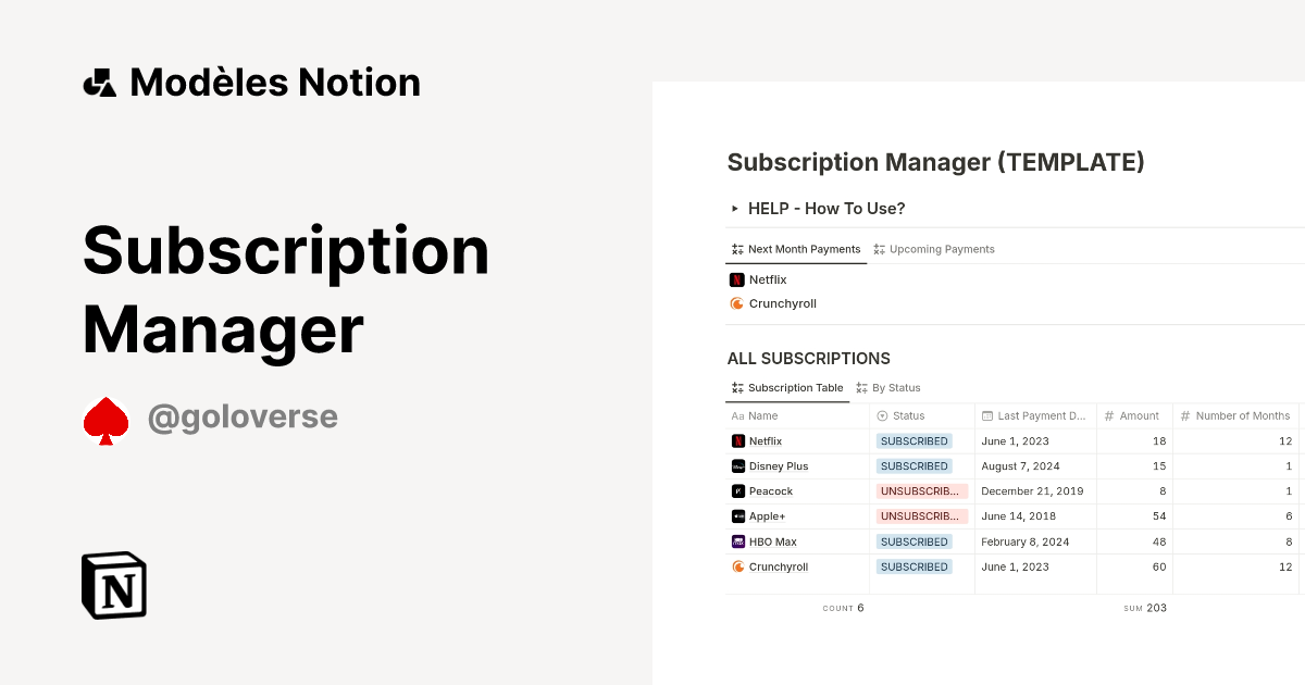 Subscription Manager | Modèle créé par Goloverse | Marketplace Notion