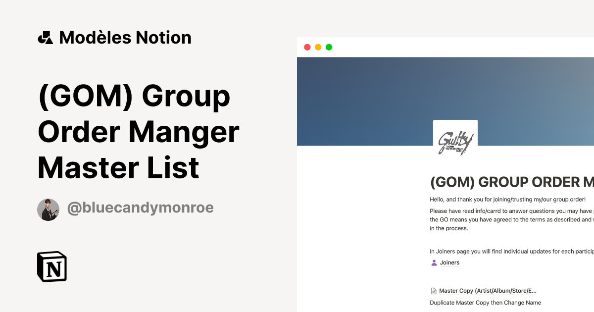 Modèle (GOM) Group Order Manger Master List | Marketplace Notion