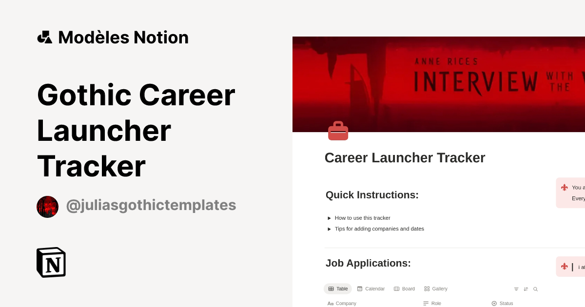 Gothic Career Launcher Tracker | Modèle créé par julia | Marketplace Notion
