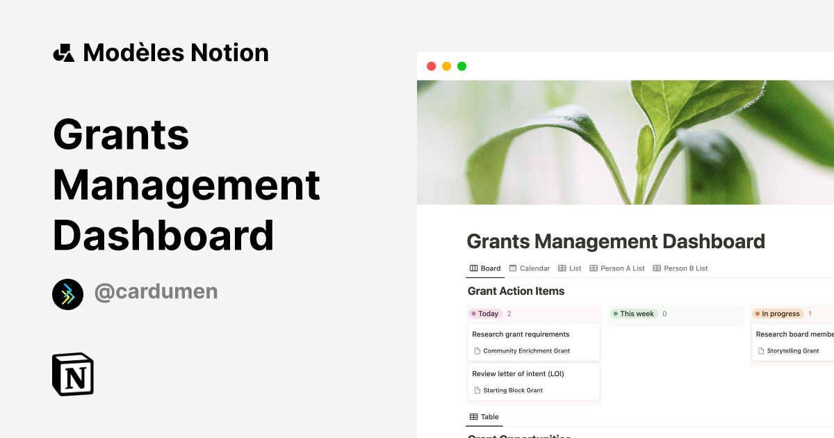 Modèle Grants Management Dashboard | Marketplace Notion
