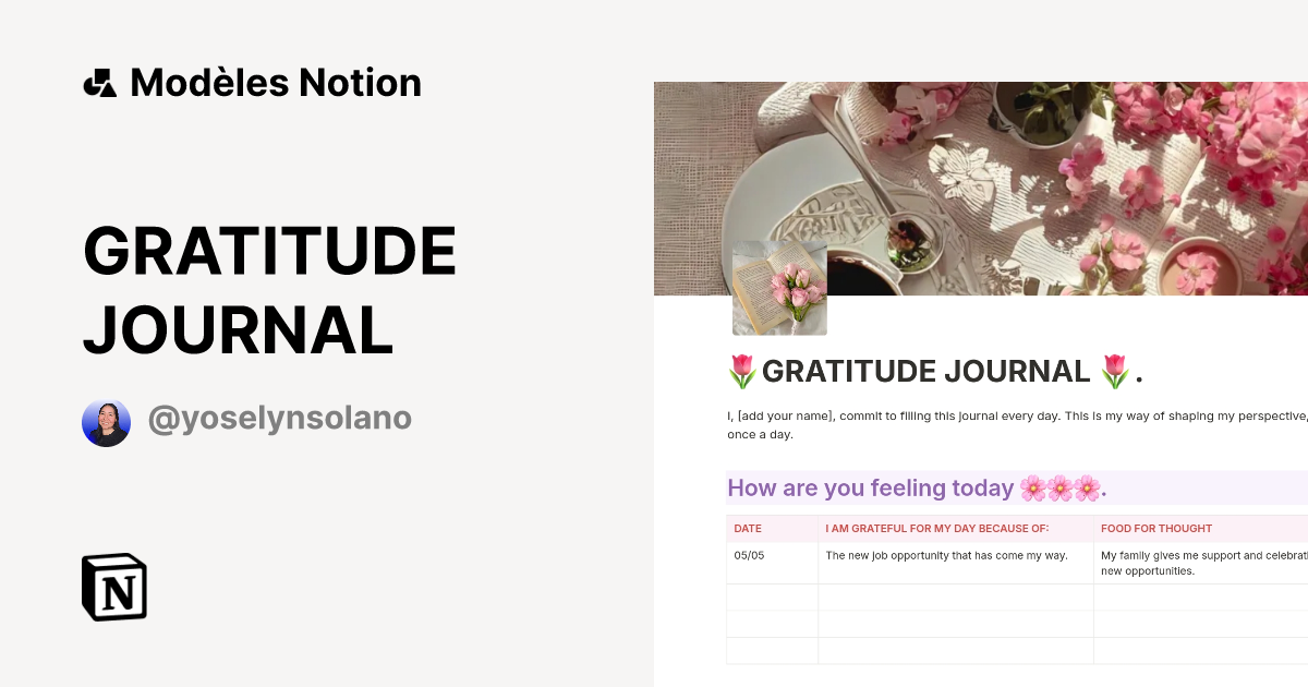 GRATITUDE JOURNAL | Modèle créé par Yoselyn Solano | Marketplace Notion