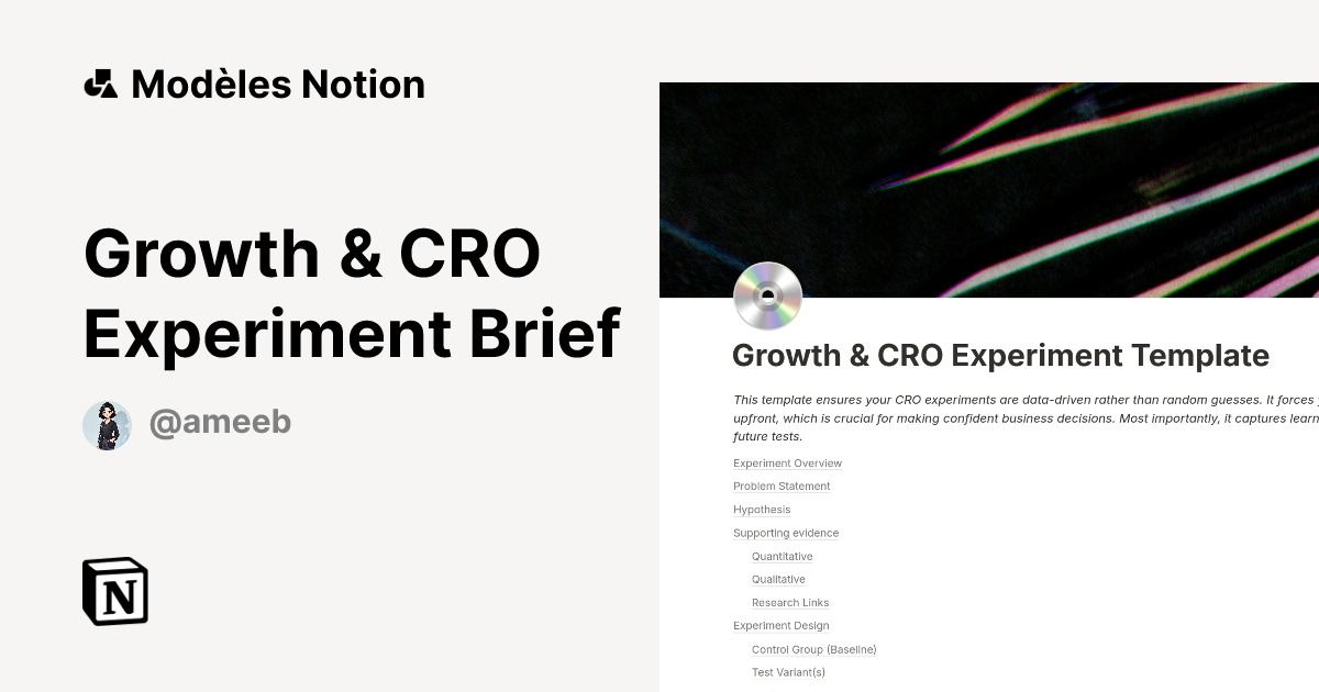 Modèle Growth & CRO Experiment Brief | Marketplace Notion