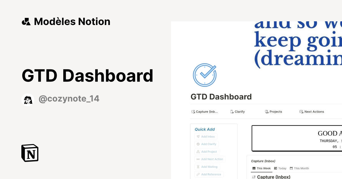 GTD Dashboard | Modèle créé par Cozy Note | Marketplace Notion