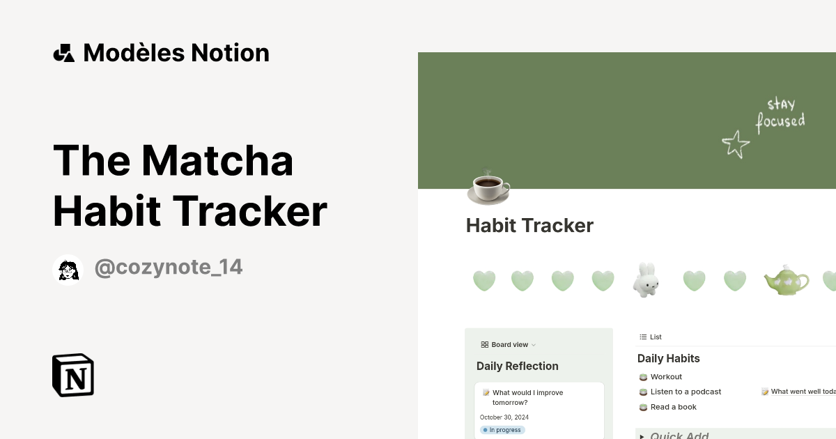 The Matcha Habit Tracker | Modèle créé par Cozy Note | Marketplace Notion