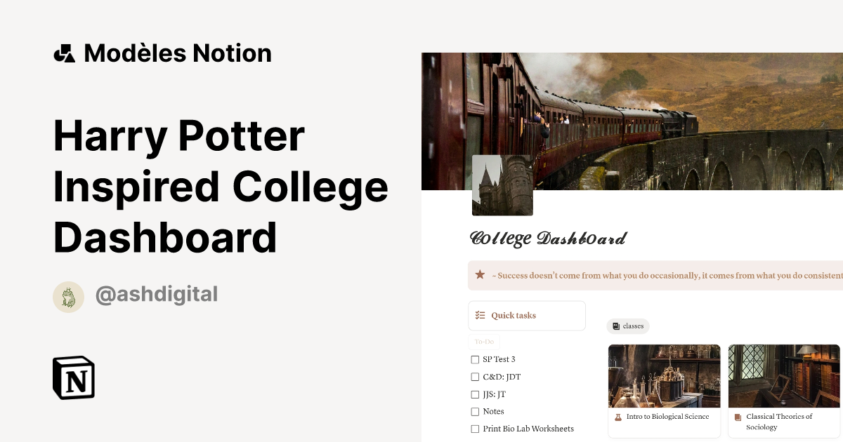 Modèle Harry Potter Inspired College Dashboard | Marketplace Notion