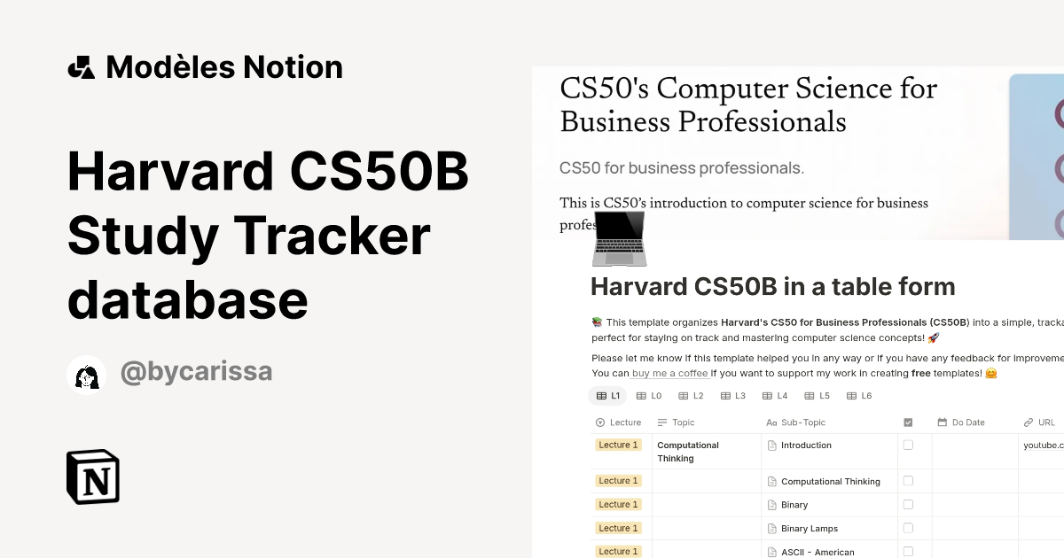 Harvard CS50B Study Tracker database | Modèle créé par Carissa ...