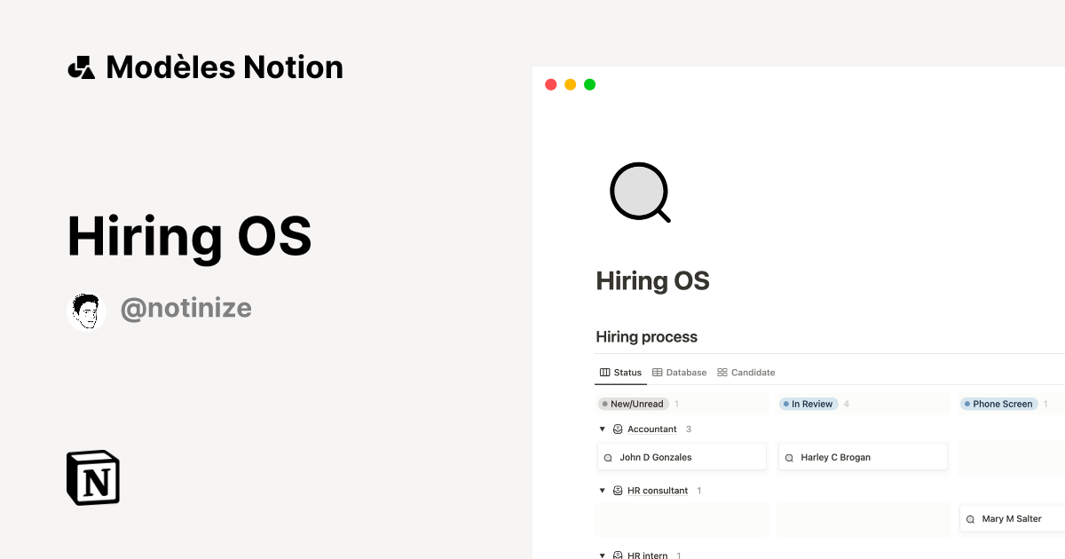 Hiring OS | Modèle créé par Notinize | Marketplace Notion