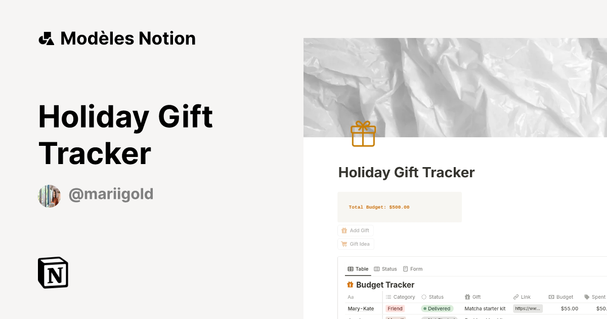 Modèle Holiday Gift Tracker | Marketplace Notion