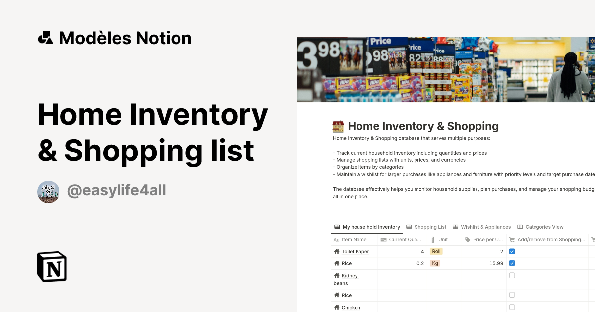 Modèle Home Inventory & Shopping list | Marketplace Notion