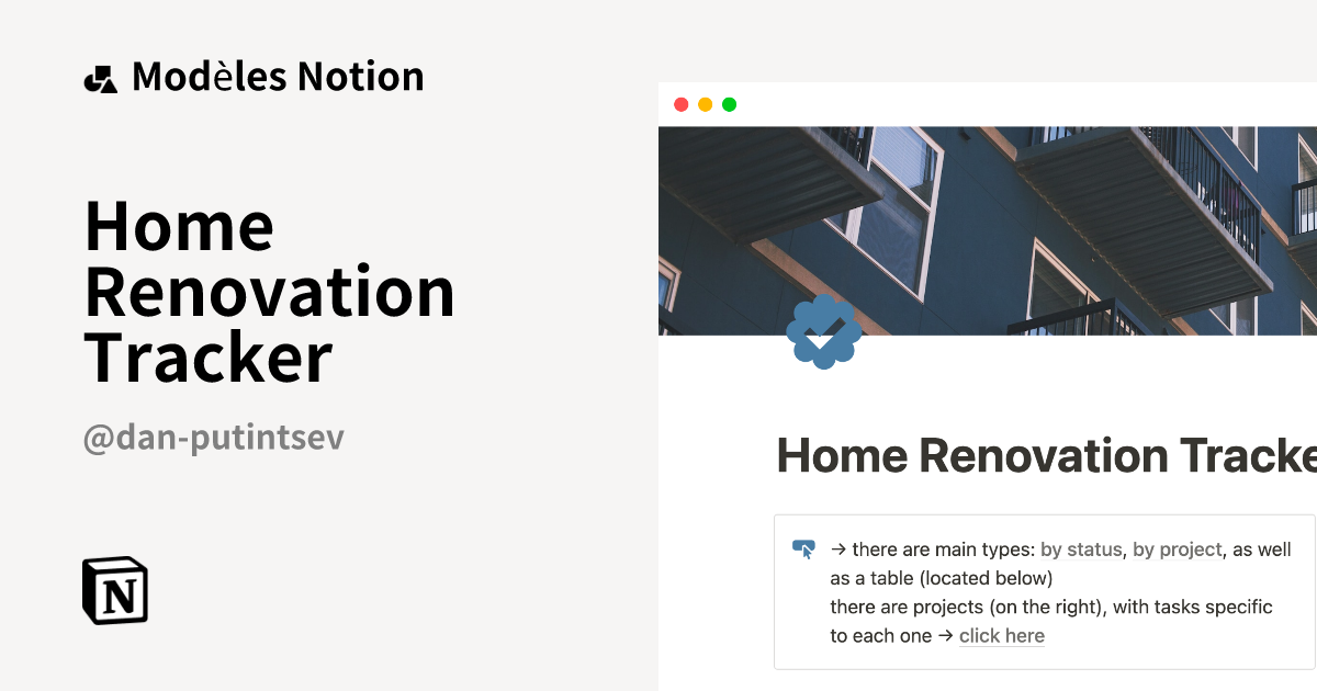 Home Renovation Tracker | Modèle créé par Dan Putintsev | Marketplace Notion