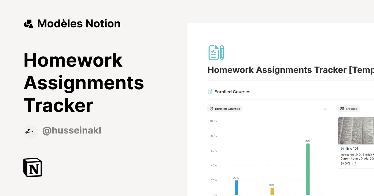 Homework Assignments Tracker | Modèle créé par Hussein Akl | Marketplace Notion