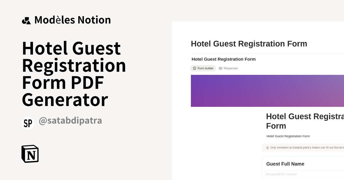Hotel Guest Registration Form PDF Generator | Modèle créé par Satabdi ...