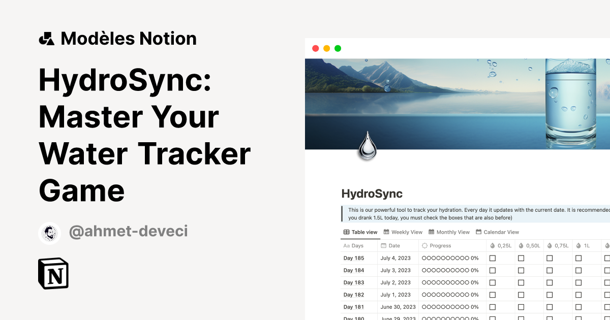 HydroSync: Master Your Water Tracker Game | Modèle créé par Ahmet Deveci | Marketplace Notion