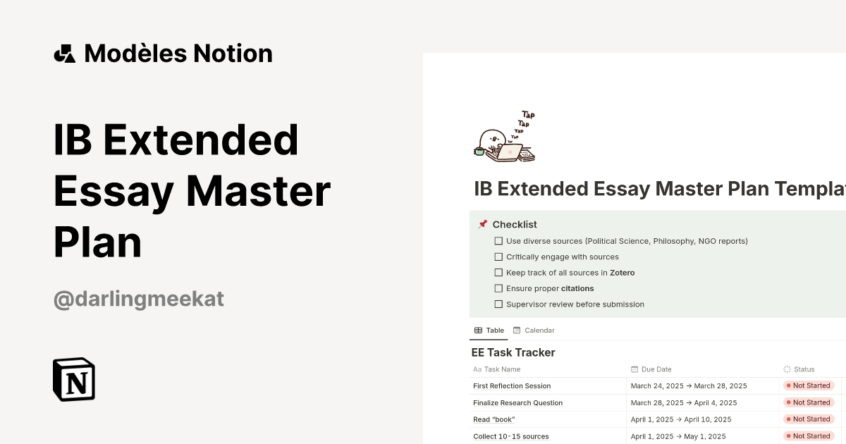 IB Extended Essay Master Plan | Modèle créé par Darling Meekat | Marketplace Notion