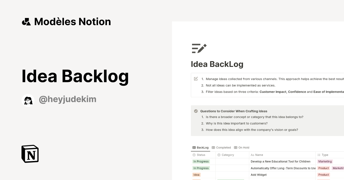 Idea Backlog | Modèle créé par heyjudekim | Marketplace Notion