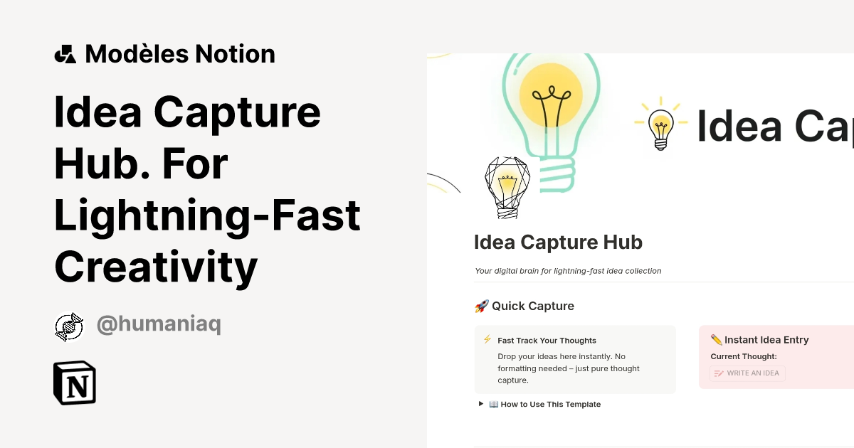 Modèle Idea Capture Hub. For Lightning-Fast Creativity | Marketplace Notion