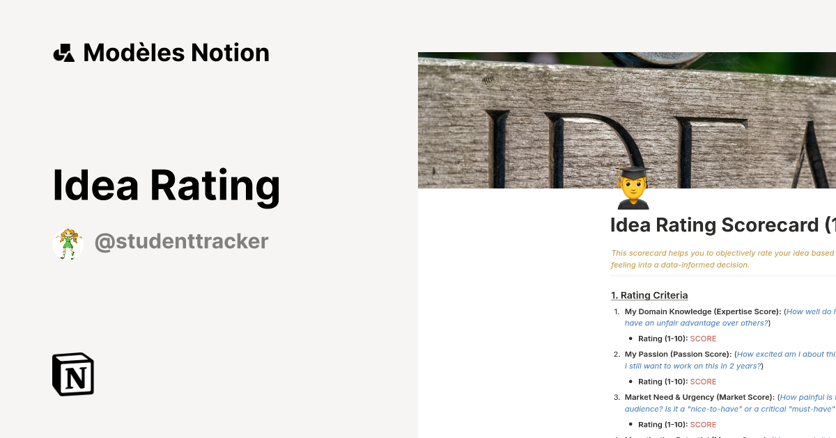 Idea Rating | Modèle créé par sgm5003 | Marketplace Notion