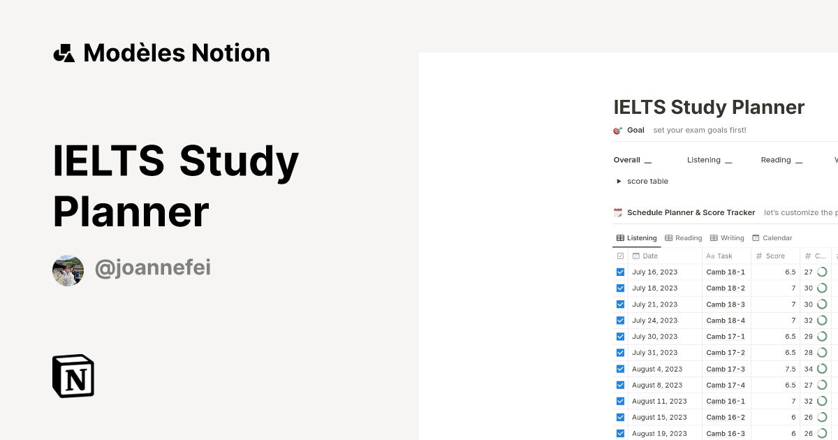 IELTS Study Planner | Modèle créé par Joanne fei | Marketplace Notion
