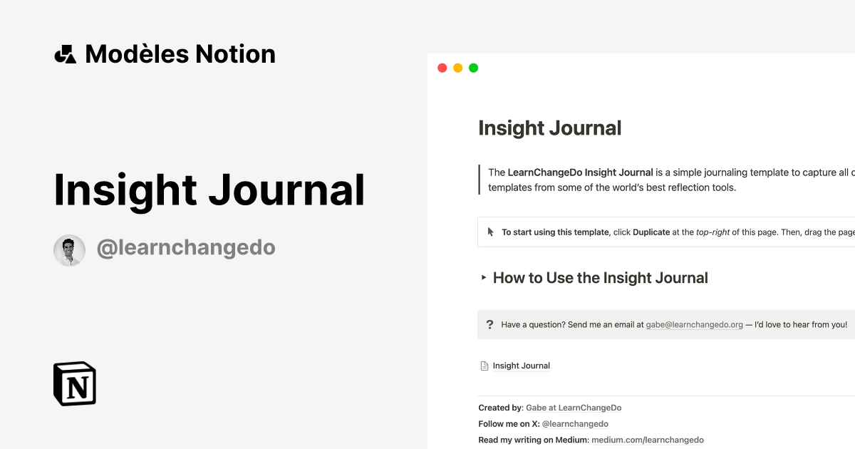 Insight Journal | Modèle créé par Gabe Fernandez | Marketplace Notion