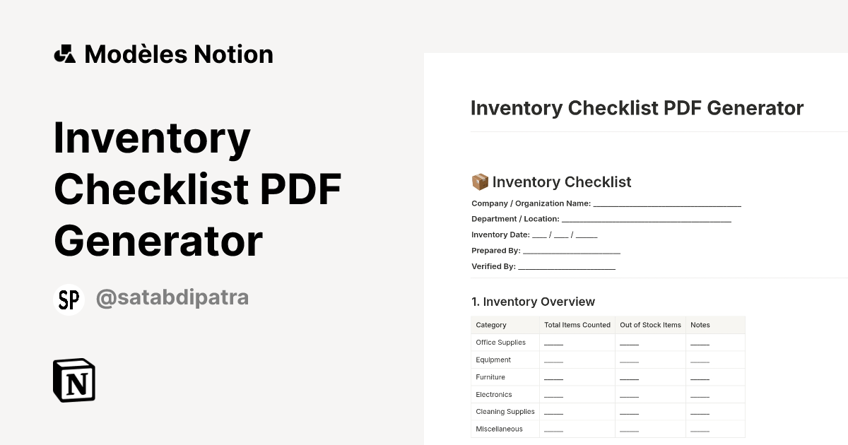 Modèle Inventory Checklist PDF Generator | Marketplace Notion