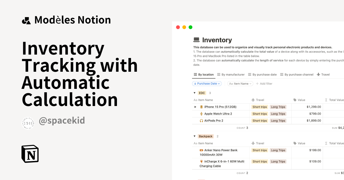 Modèle Inventory Tracking with Automatic Calculation | Marketplace Notion