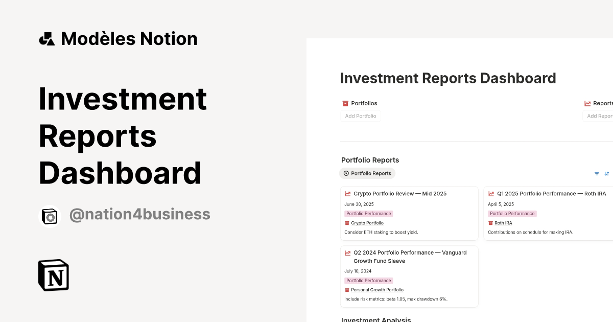 Investment Reports Dashboard | Modèle créé par Nation4Business ...
