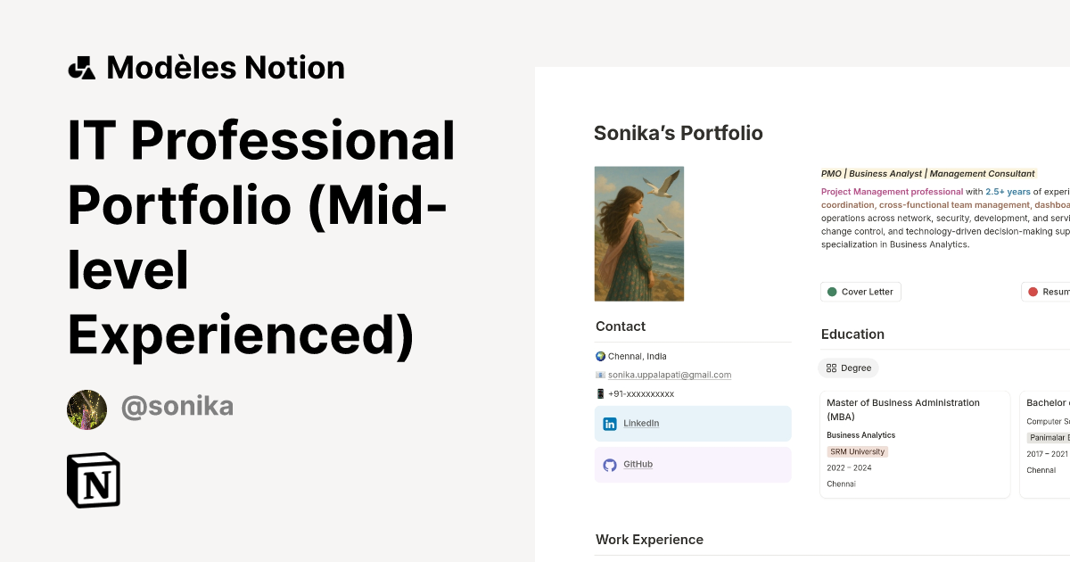 IT Professional Portfolio (Mid-level Experienced) | Modèle créé par sonika | Marketplace Notion