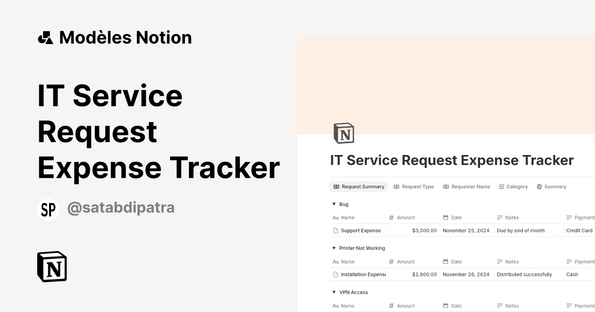 Modèle IT Service Request Expense Tracker | Marketplace Notion