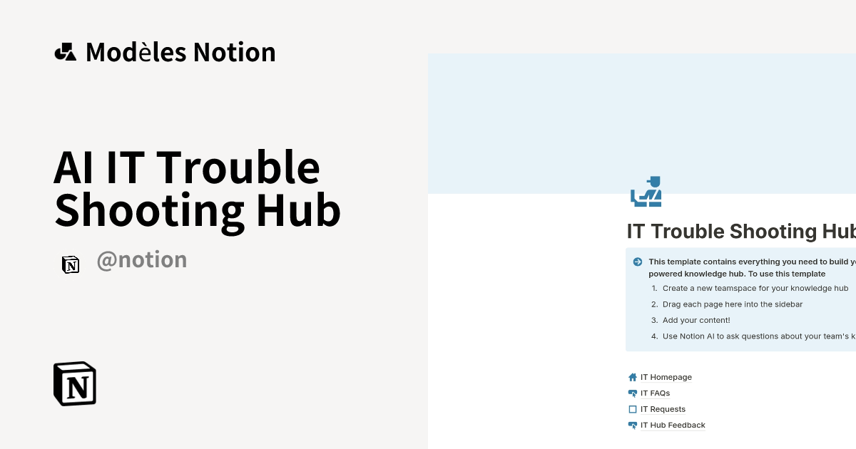 AI IT Trouble Shooting Hub | Modèle créé par Notion | Marketplace Notion
