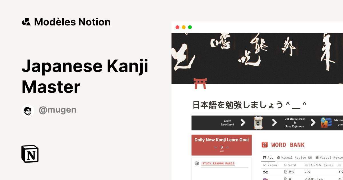 Modèle Japanese Kanji Master | Marketplace Notion