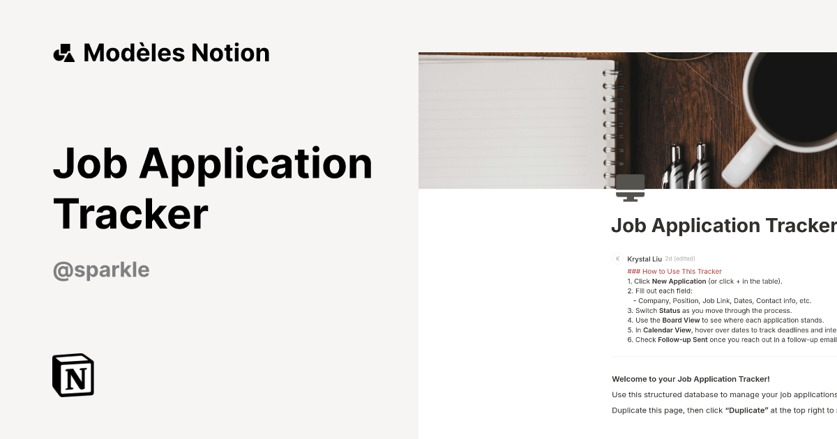 Job Application Tracker | Modèle créé par Sparkle | Marketplace Notion